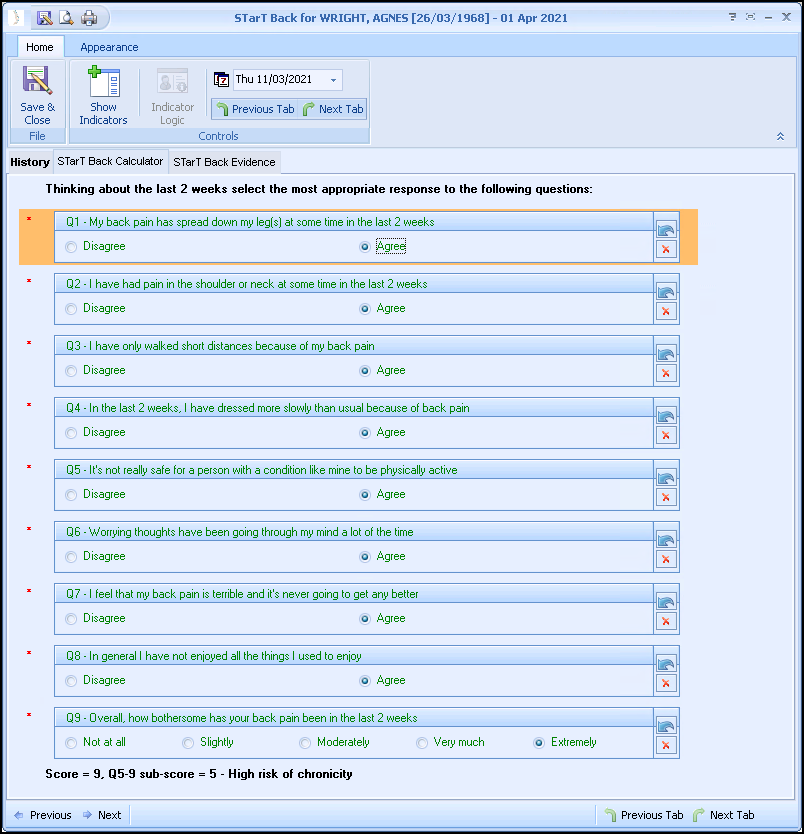 STarT Back Screening Tool (SBST) Questionnaire
