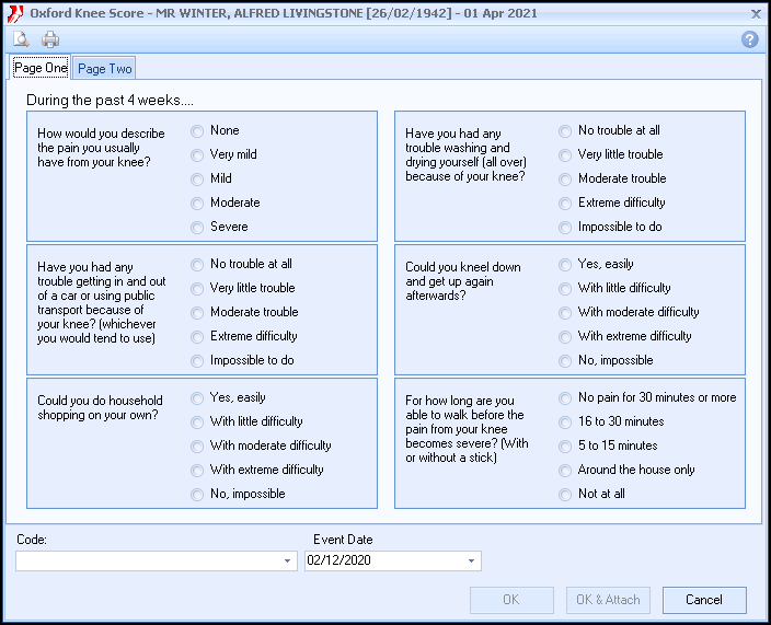 Oxford Knee Score Questionnaire