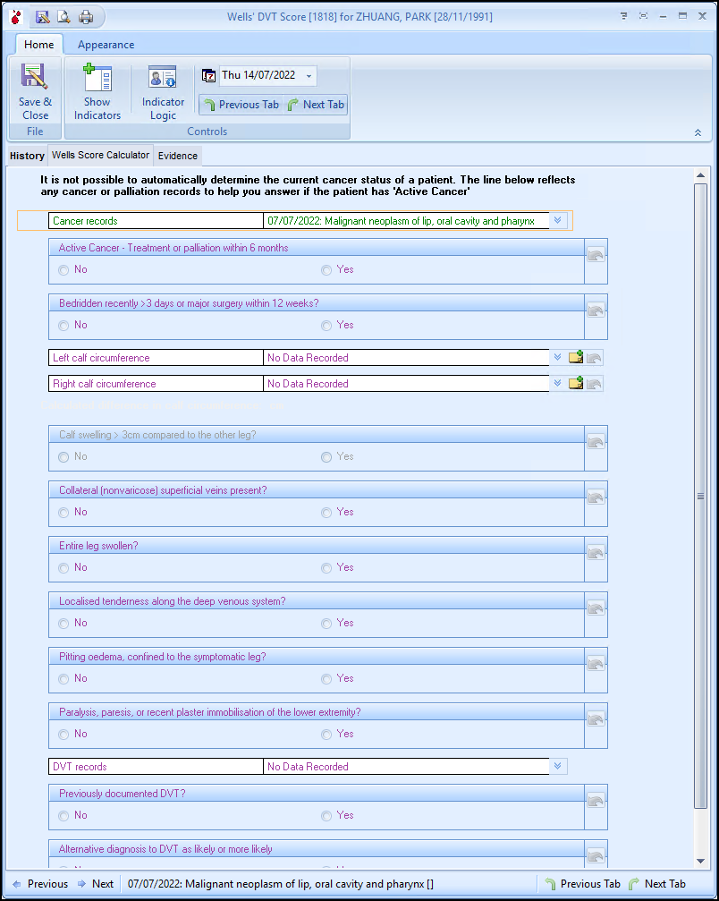 Wells' DVT Score Calculator