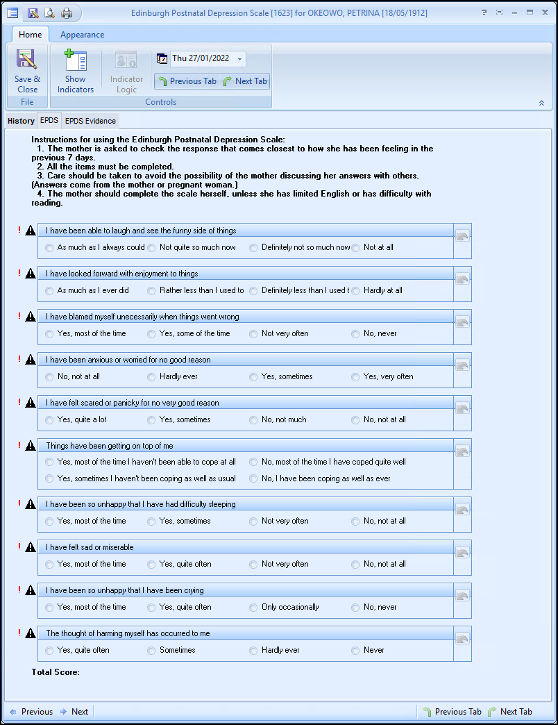 Edinburgh Postnatal Depression Scale (EPDS) Calculator